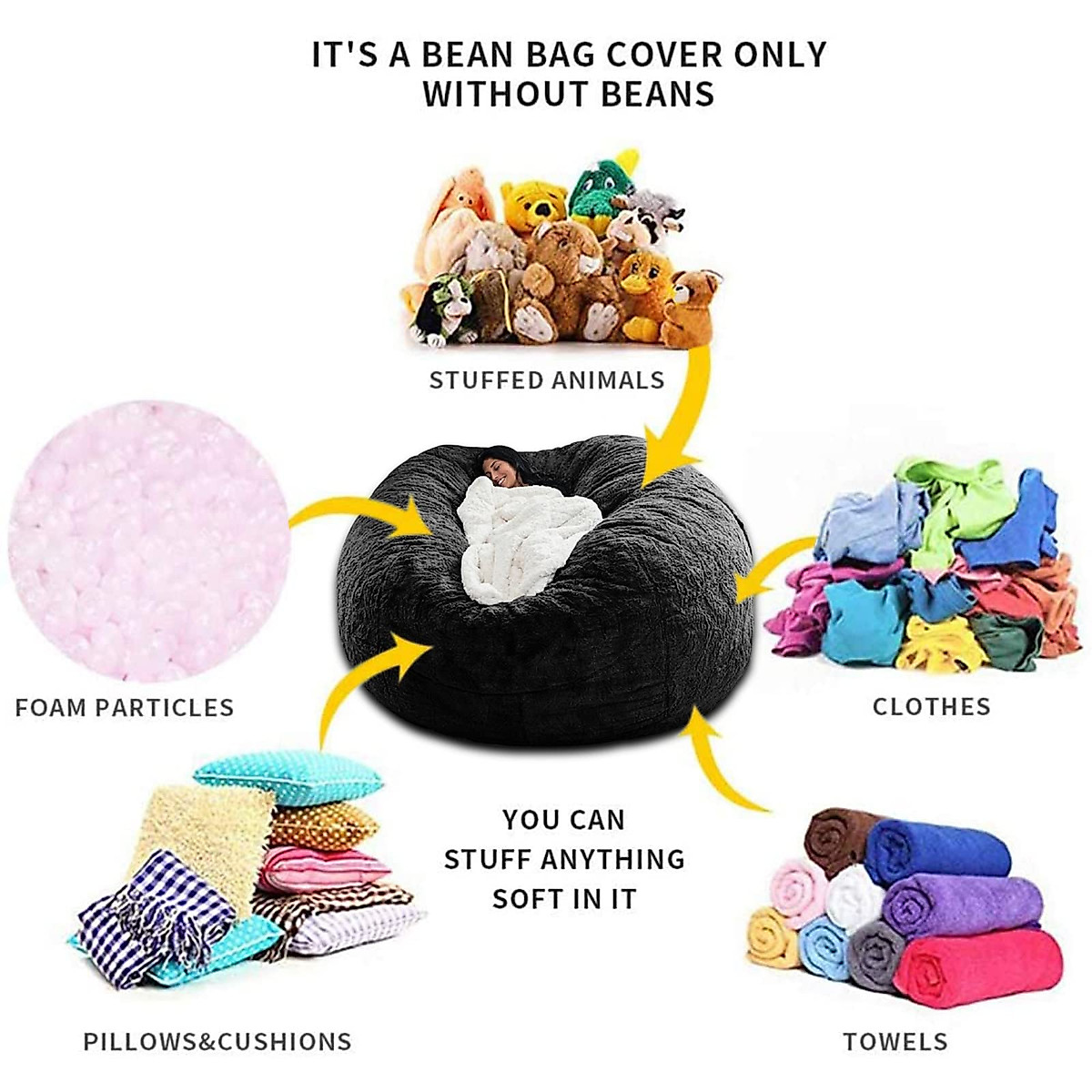 Giant Fur Bean Bag Chair Cover for Kids Adults, (No Filler) Living Room Furniture Big Round Soft Fluffy Faux Fur Beanbag Lazy Sofa Bed Cover (Grey, 5FT)