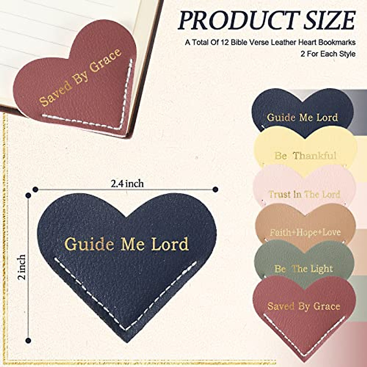 12 Pieces Bible Verse Leather Heart Bookmark Cute Heart Page Corner Bookmarks for Book Lovers Leather Bookmarks Reading Accessories for Office School Home Women Men Bookworm Present Supplies, 6 Styles
