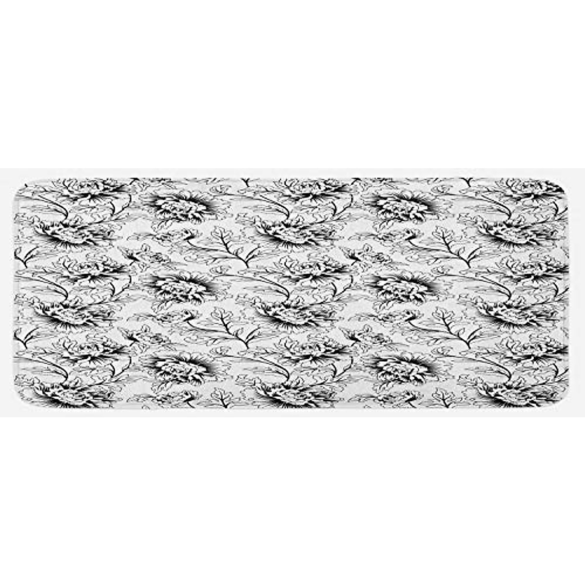 Ambesonne Floral Kitchen Mat, Ornamental Flourishing Bouquets Curly Carnation Petals Monochrome Wildflower, Plush Decorative Kitchen Mat with Non Slip Backing, 47" X 19", Black and White