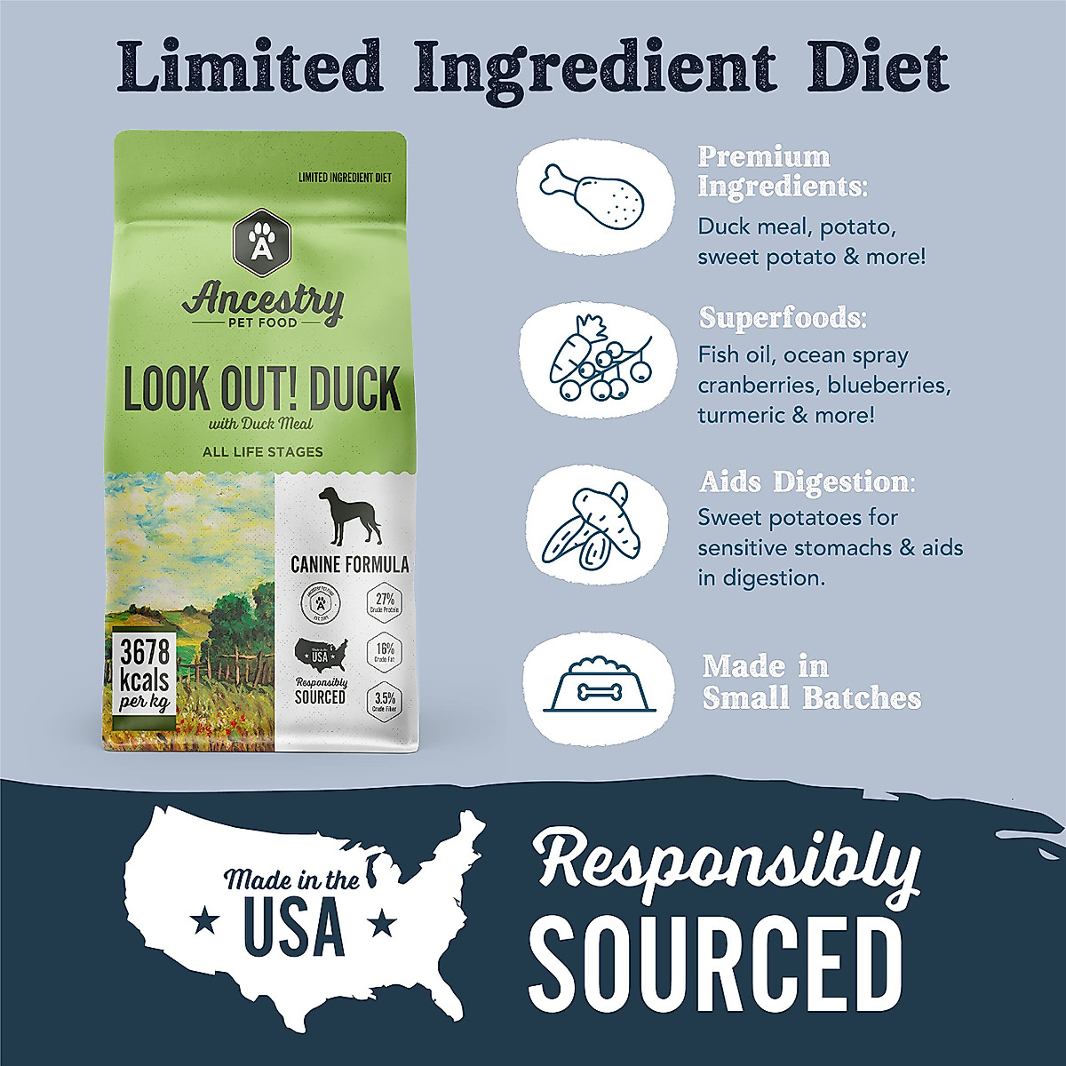 Ancestry Dog Food, Duck Meal & Potato Recipe, Crude Protein, Fiber & Fat, For All Life Stages, Dry Dog Food, Prevent Food Allergies, Improve Gut Health, Grain Free, Immune Support (4 lb. Bag)