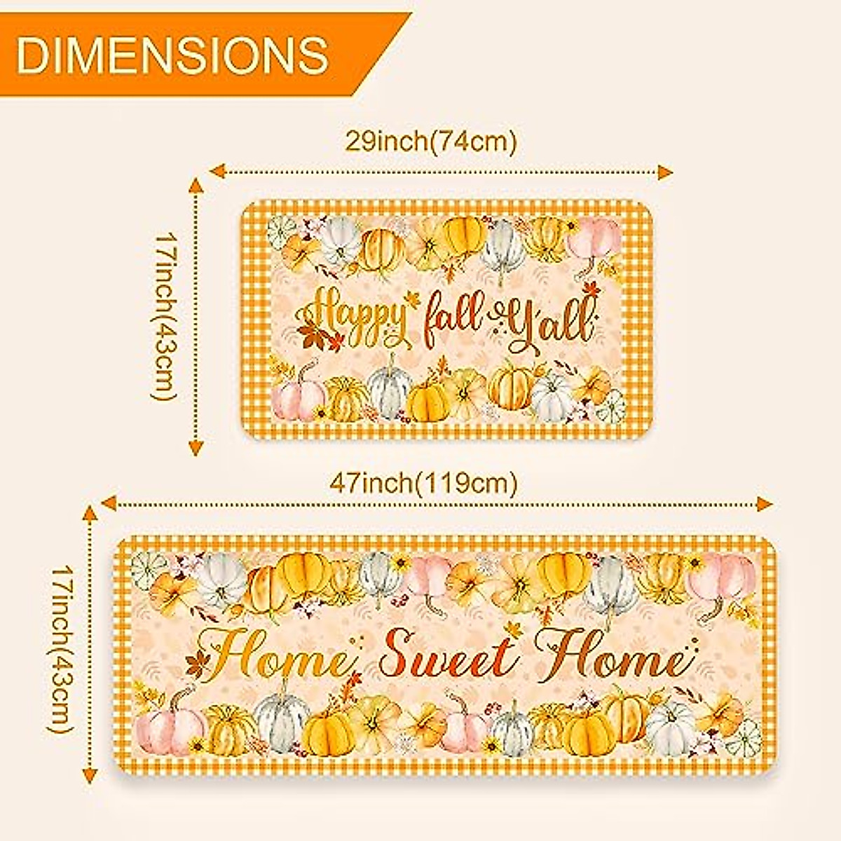 Fall Kitchen Mats, Happy Fall Yall Kitchen Rugs for floor Set of 2, Pumpkins Kitchen Rugs and Mats Non Slip, Autumn Leaves Sunflower Home Sweet Home Decor Gifts for Office Laundry, 17x29+17x47 Inch