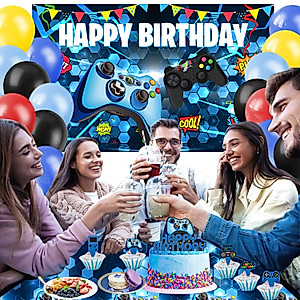 KimaruLZ Video Game Birthday Party Decorations - 109Pcs Gamer Gaming Party Supplies For Boys Birthday Party - Happy Birthday Backdrop, Table Cover, Hanging Swirls, Cupcake Cake Topper, Balloons