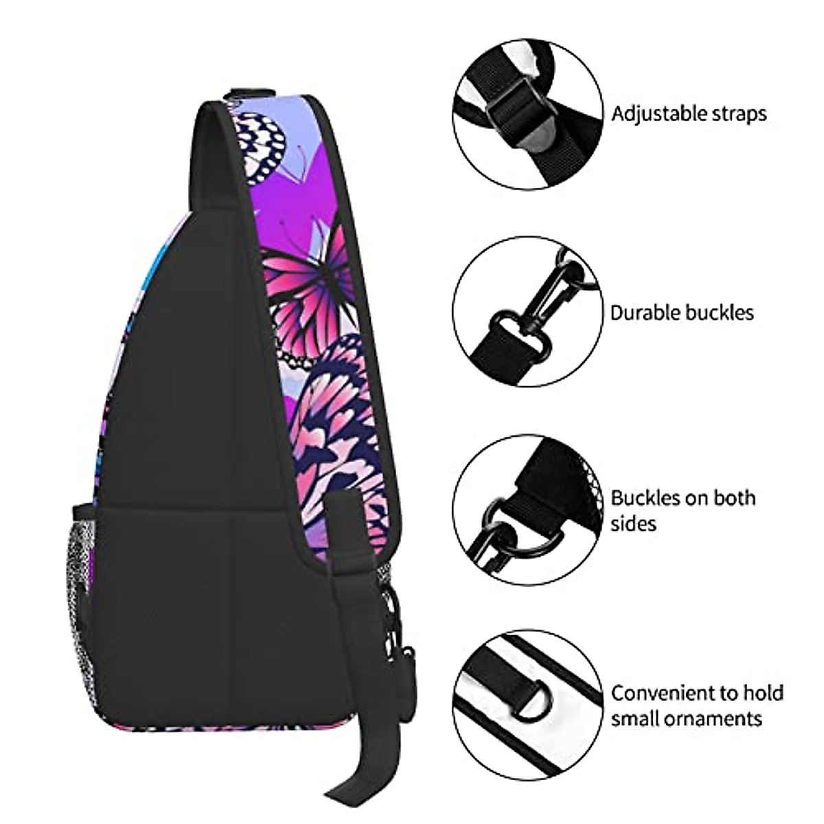 DOHOOC Purple Butterflies Sling Backpack for Women Crossbody with Zipper Pocket Rope Bags for Climbing Casual Daypack Bag Hiking Travel Sports Cycling Biking Outdoor