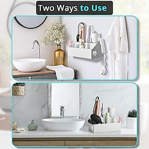 Bivvclaz Hair Tool Organizer, Wooden Hair Dryer Holder Wall Mount, Countertop Hot Tools Organizer for Hair Styling Accessories, Bathroom Supplies Vanity Caddy for Curling Wand, Blow Dryer, White