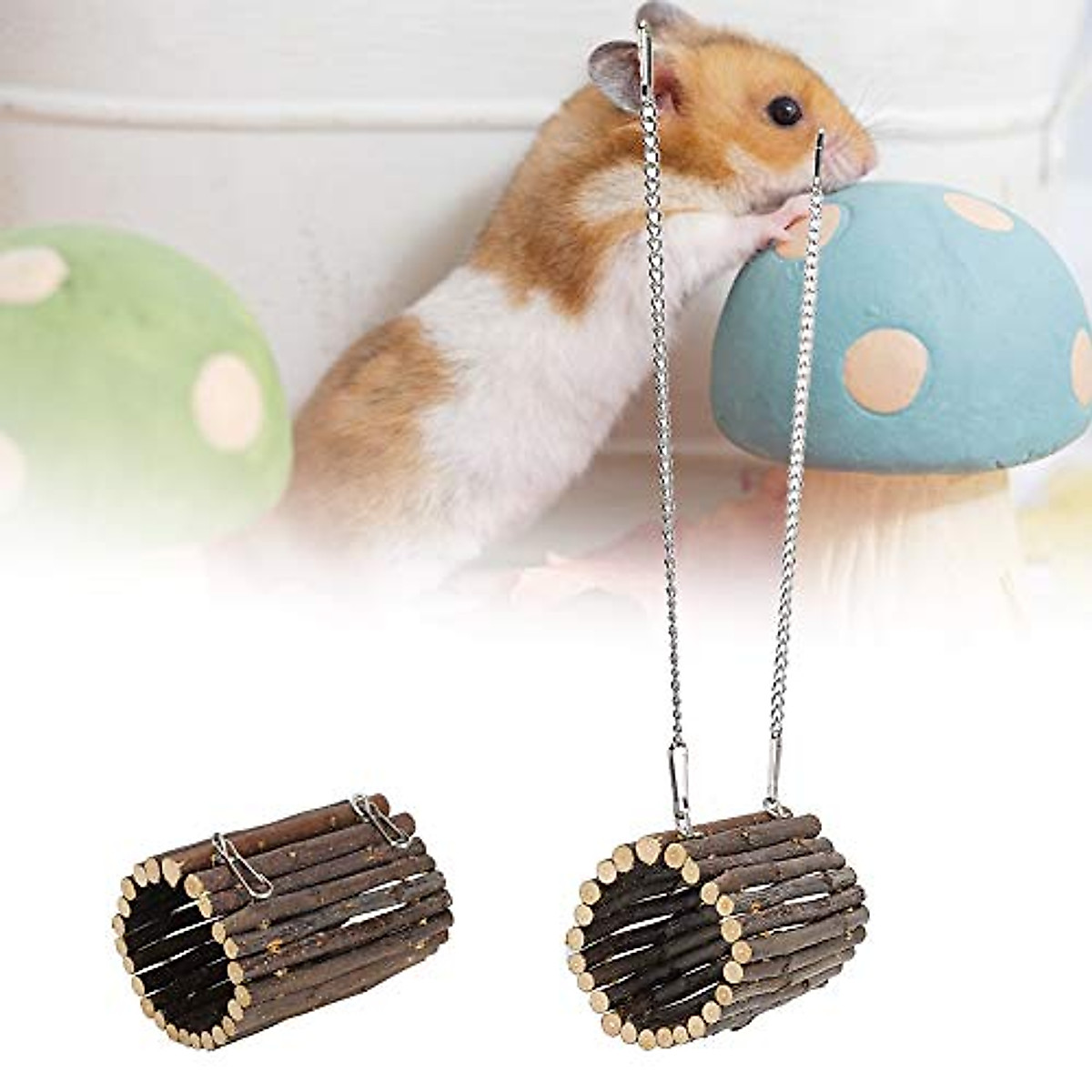 QIRG Hamster Hanging Tunnel, Multipurpose Bendable Natural Wood Hamster Chew Toy Flexible Hamster Wood Bridge Rat Ladder for Small Animals, Guinea Pig, Chinchilla, Ferret(Hook Chain Dual Use Type)