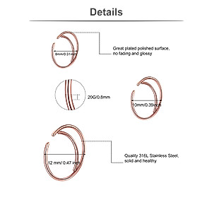 Gejoy 18 Pieces 20 G Moon Nose Ring Surgical Steel Septum Ring for Cartilage Helix Ear Piercing, 3 Sizes, 6 Colors
