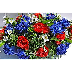 Summer Patriotic Cemetery Flowers with Red Roses, Blue Spider Mums, Blue Roses, and White Forget-me-nots headstone saddle arrangement