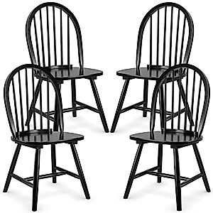 KOTEK Wood Dining Chairs Set of 4, Windsor Chairs with Spindle Back, Solid Wood Legs, Wide Seat, Farmhouse Armless Side Chairs for Living Room, Dining Room, Kitchen (Black)