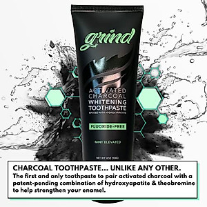 Grind Natural Toothpaste, Fluoride-Free - Dentist Recommended Hydroxyapatite, Theobromine & Activated Charcoal for Remineralizing, Sensitive Teeth, & Whitening, Made in USA, Vegan (4 oz)