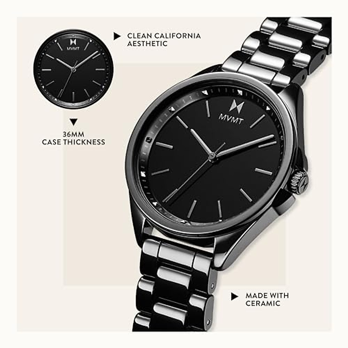 MVMT Coronada Ceramic Women’s Wristwatch - Analog Watch for Women - Water-Resistant 3 ATM/30 Meters Minimalist Women’s Watch - Small, Metal Watch with Interchangeable Bands - 36mm