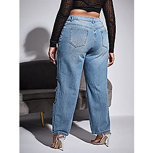 WDIRARA Women's Plus Size Ripped High Waist Cut Out Straight Leg Jeans Denim Pants Light Wash 2XL
