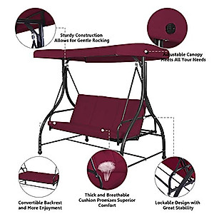 Tangkula 3 Seats Converting Patio Swing, Outdoor Porch Garden Canopy Swing with Comfortable Cushion Seats & Adjustable Tilt Canopy, Heavy Duty Hammock 3 Persons Porch Swing (Wine)