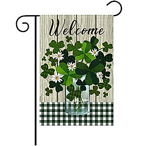 Heyfibro Welcome St Patrick's Day Garden Flag 12 x 18 Inch Double Sided with Vase Shamrocks Pattern Burlap Checkered Holiday House Yard Flag St. Patrick's Sign for Spring Outdoor Decoration(ONLY FLAG)