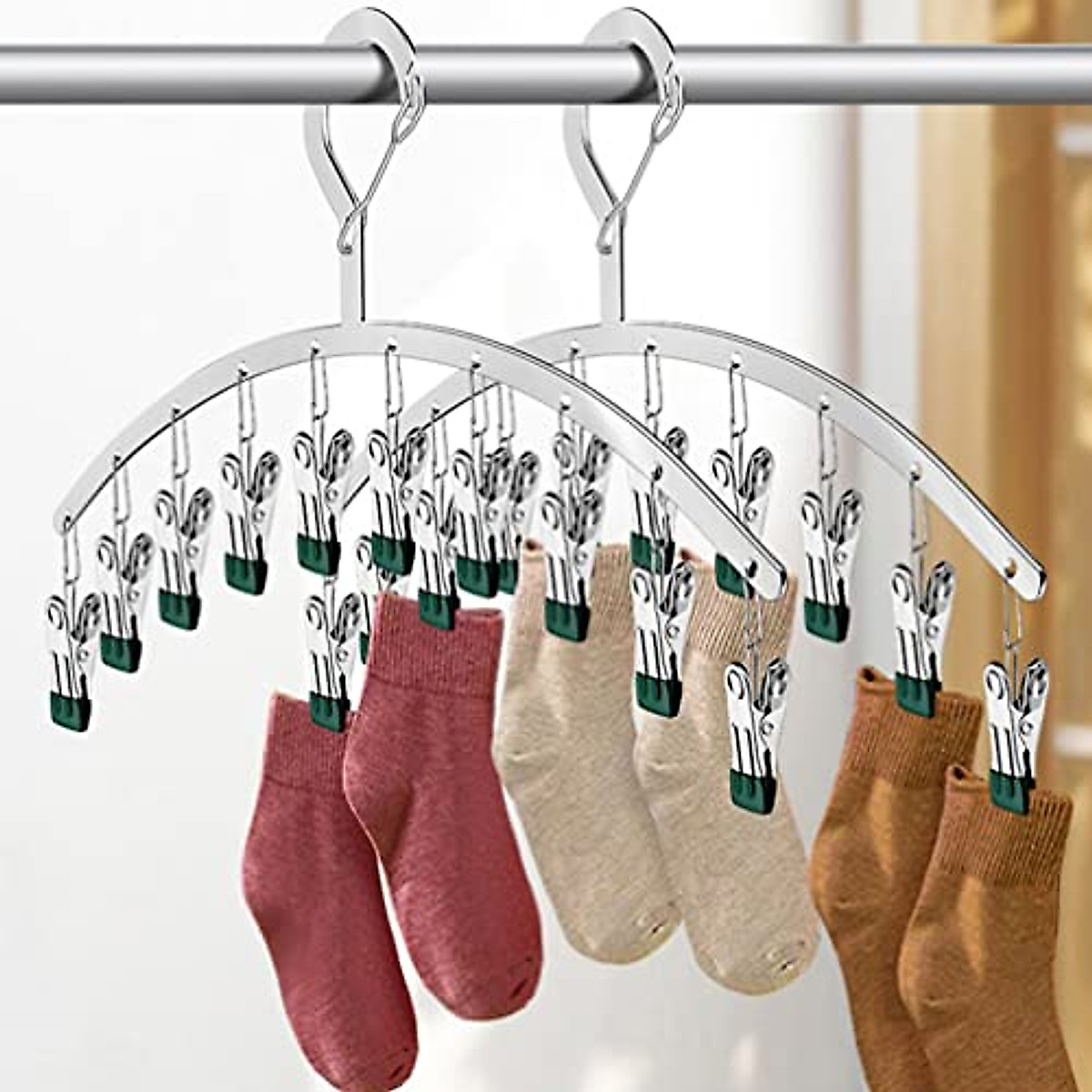 Alipis Metal Hangers Laundry Drying Rack Stainless Steel Sock Dryer Hanger with 10 Clips Windproof Underwear Drip Hangers for Baby Clothes Bras Hat Towels Diapers Hat Hanger(Hook Style Random)
