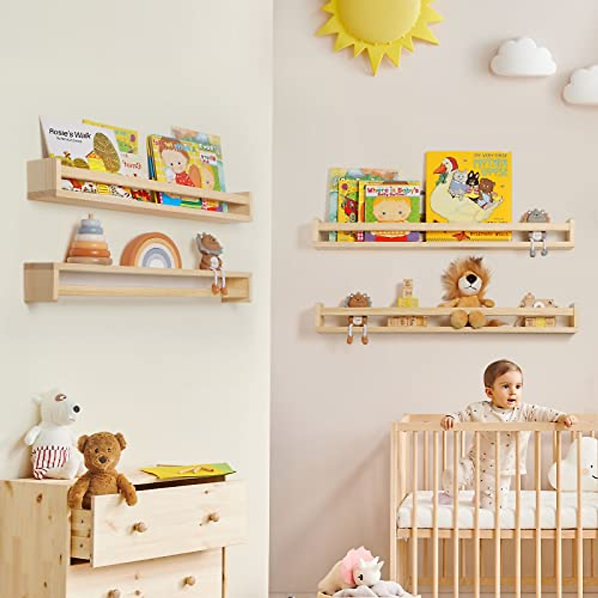 Fun Memories Nursery Book Shelves Set of 2 - Rustic Natural Solid Wood Floating Bookshelf for Kids - Wall Book Shelves Kitchen Spice Rack for Kids Room, Home Decor - Natural Wood - 32 Inch