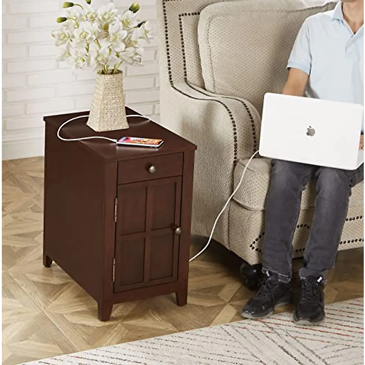 Ball & Cast End Table with Charging Station Chair Side Table Built-in USB Ports & Outlets, Dark Brown