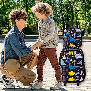 3PCS Kids Rolling Backpack, Boys Roller Wheels Bookbag, Wheeled School Bag with Lunch Bag - Dinosaur