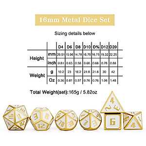 ALLCOLORED 16mm DND Metal Dice Set White Gold 7 Pieces Polyhedral Dice D&D with Metal Case and Velvet Bag for Playing Tabletop Roleplay Games Dungeons and Dragons