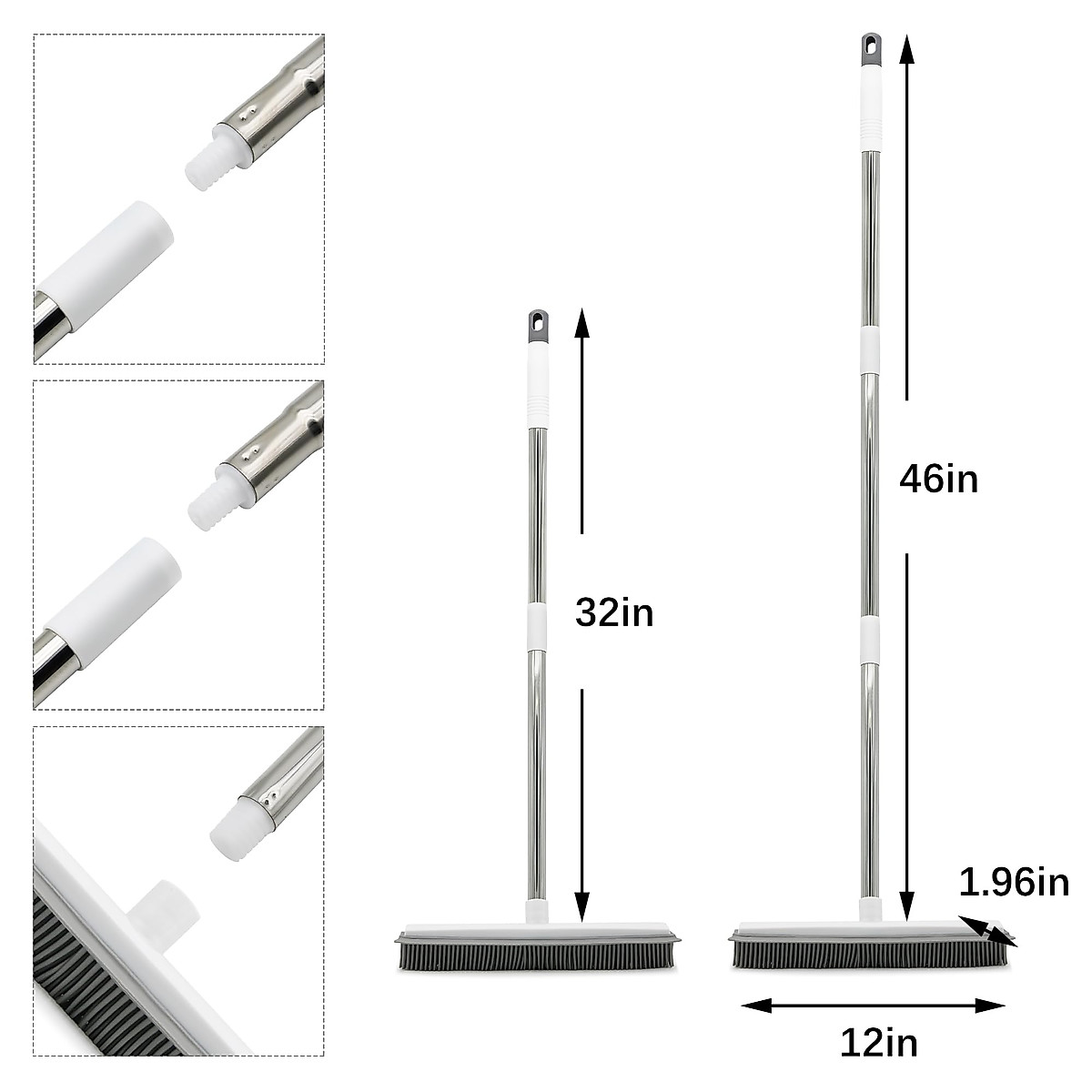 Rubber Broom Carpet Rake for Pet Hair Removal, 3 in 1 Floor Brush for Carpet, Soft Push Broom with 47" Long Handle, Pet Hair Broom with Squeegee for Carpet, Fluff, Hardwood Floor, Tile (White)
