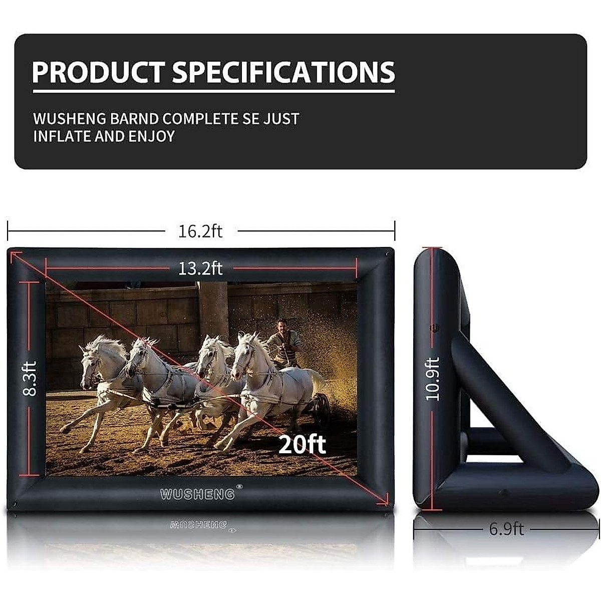 Portable Projector Screens- Huge Air-Blown Cinema Projection Screen Package with Rope, Blower,Tent Stakes - Front & Rear Projection,for Outdoor Party Backyard Pool Fun (Size : 20FT)