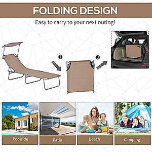 Outsunny Outdoor Lounge Chair, Adjustable Folding Chaise Lounge, Tanning Chair with Sun Shade for Beach, Camping, Hiking, Backyard, Tan