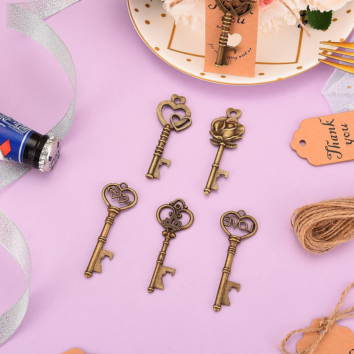 50PCS Key Bottle Openers,Vintage Key Bottle Opener,Wedding Favors&Reception Skeleton Bottle Opener with Blessing Tag Cards and Keychains Great Addition to You Thank Bags(bronze)