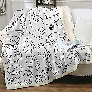 Sleepwish Cat Blankets for Cat Lovers Cute Cat Blanket for Girls Women Fleece Cat Sherpa Blanket Black and White Cat Print Blanket Fuzzy Cat Blanket Throw (50" X 60")