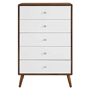 Modway Transmit Mid-Century Modern Wood Walnut White, 5-Drawer Chest