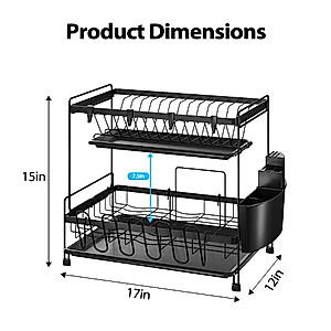 LEACHUTT Dish Drying Rack, 2 Tier Kitchen Dish Rack and Drainboard Set with Utensil, Cutlery and Cup Holder for Countertop, Large Rust-Proof Steel Dish Drainer for Plates, Mugs, Bowls, Knives, Black