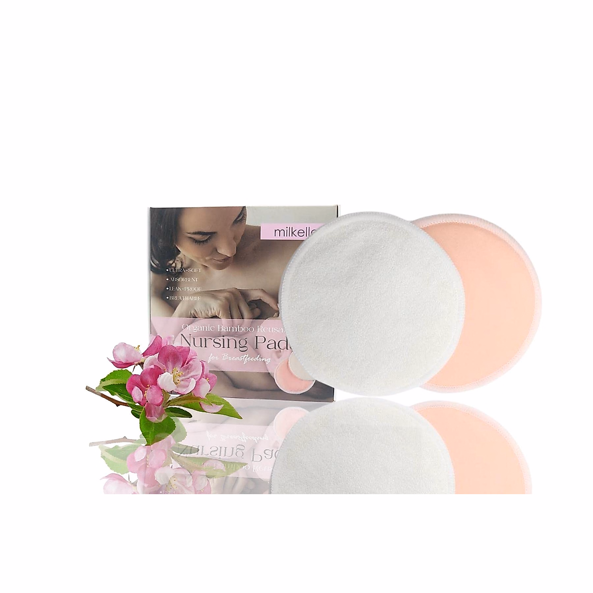 Milkelle Organic Bamboo Reusable Nursing Pads for Breastfeeding, Leak Proof, Pads for Breastfeeding, Washable and Reusable, Ultra Soft, 8 Pads, Large