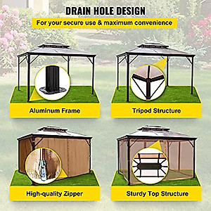 Happybuy Patio Gazebo, 10’ x 12’ Outdoor Gazebo Canopy, Patio Canopy w/Double PVC Plastic Roof, Aluminum Frame with Curtains and Netting, Shelter for Patios, Backyard, Outdoor Lawn