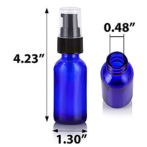JUVITUS 1 oz Cobalt Blue Glass Boston Round Bottle with Black Treatment Pump (12 pack) + Funnel