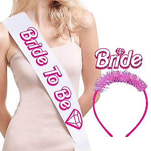 KARAQY Hot Pink Bachelorette Party Decorations, Hot Pink Glitter Bride Headband and Bride to Be Sash for Bridal Shower Wedding Girls Night Party Favor Supplies