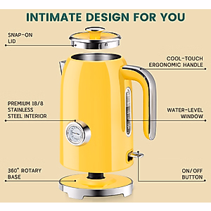 SUSTEAS Electric Kettle - 57oz Hot Tea Kettle Water Boiler with Thermometer, 1500W Fast Heating Stainless Steel Tea Pot, Cordless with LED Indicator, Auto Shut-Off & Boil Dry Protection, Retro Yellow