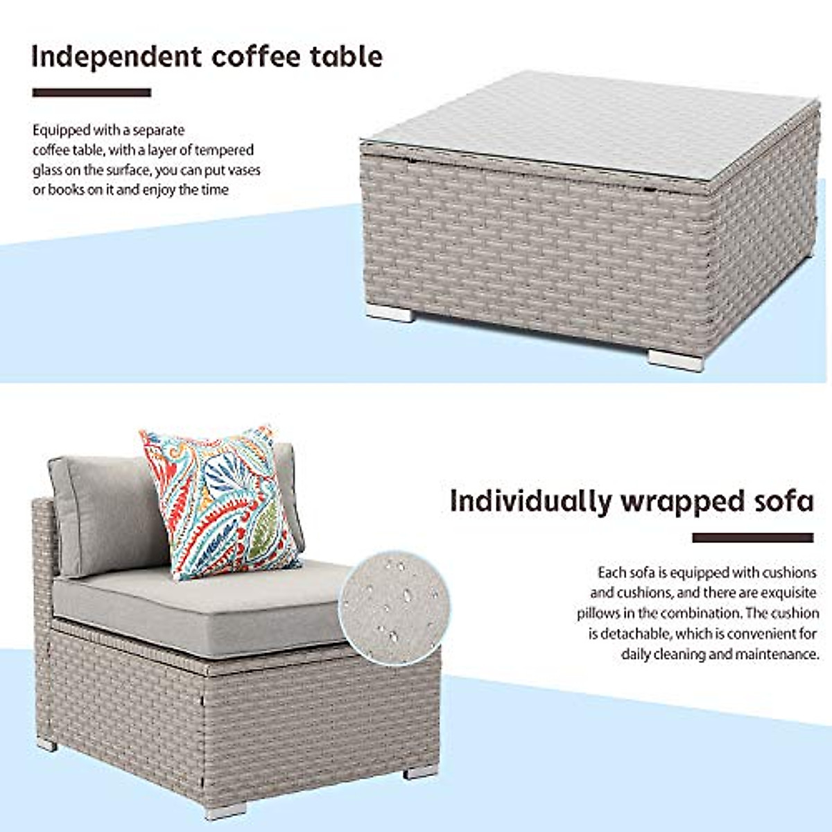 SUNBURY 5-Pieces Outdoor Furniture Set, All-Weather Wicker Patio Conversation Sets Sectional Sofa w 3 Pillows, Cushions, Coffee Table, Ottoman, Patio Furniture Set for Backyard Garden Pool (Grey)