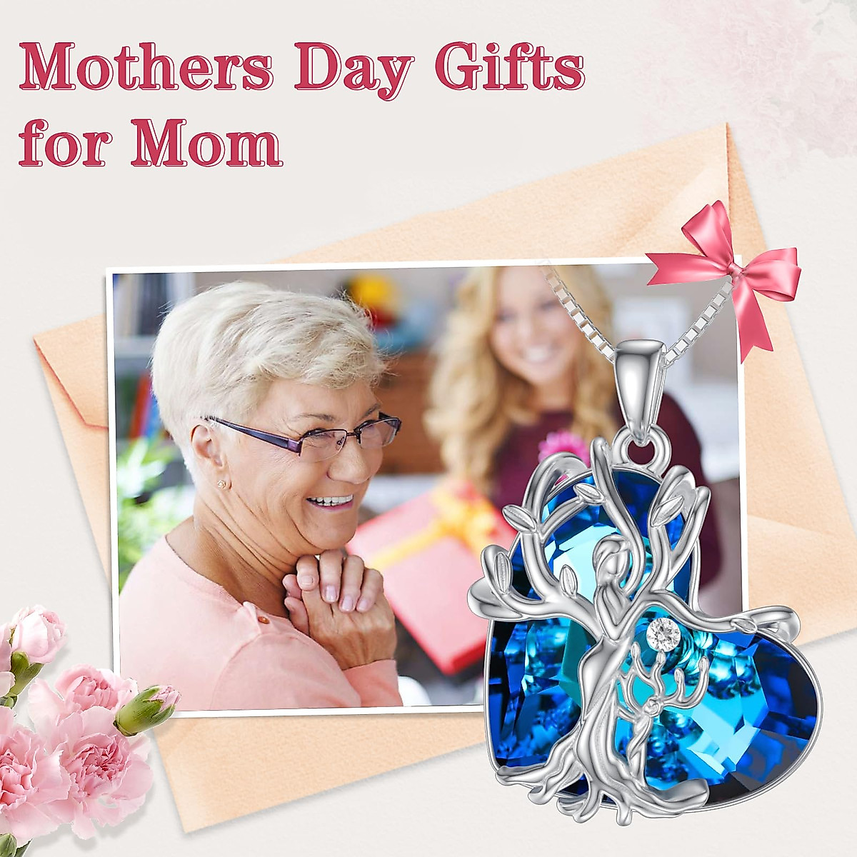 TOUPOP Gifts for Mom Mother and Daughter Son Necklace Sterling Silver Family Tree of Life Pendant Necklace Heart Crystal Birthday Mothers Day Jewelry Gifts for Women Wife Grandma