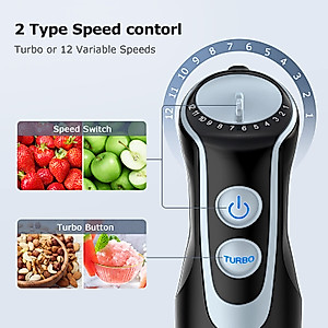 FRESKO Immersion Hand Blender 4-in-1, 500W Powerful Stainless Steel Emulsion Blender Handheld with 12-Speeds & Turbo Mode, Includes Measuring Cup, Chopper & Whisk, Ideal for Blending Soups & Smoothies