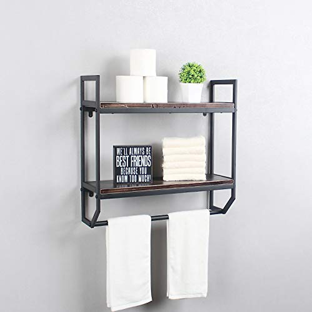 OISSIO Bathroom Shelves Wall Mounted,2 Layer Bathroom Shelf with Towel Bar,Storage Shelves for Kitchen,Metal&Wood Floating Shelves, Rustic Industrial Bathroom Shelves,Vintage Black