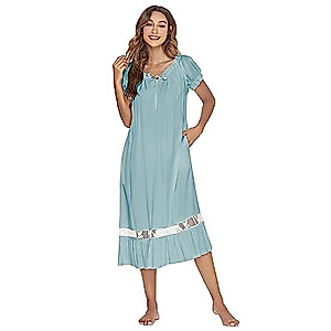 Verdusa Women's Lace Nightdress Short Sleeve Victorian Nightgown Sleepwear Pajama Aqua Blue with Pocket XXL