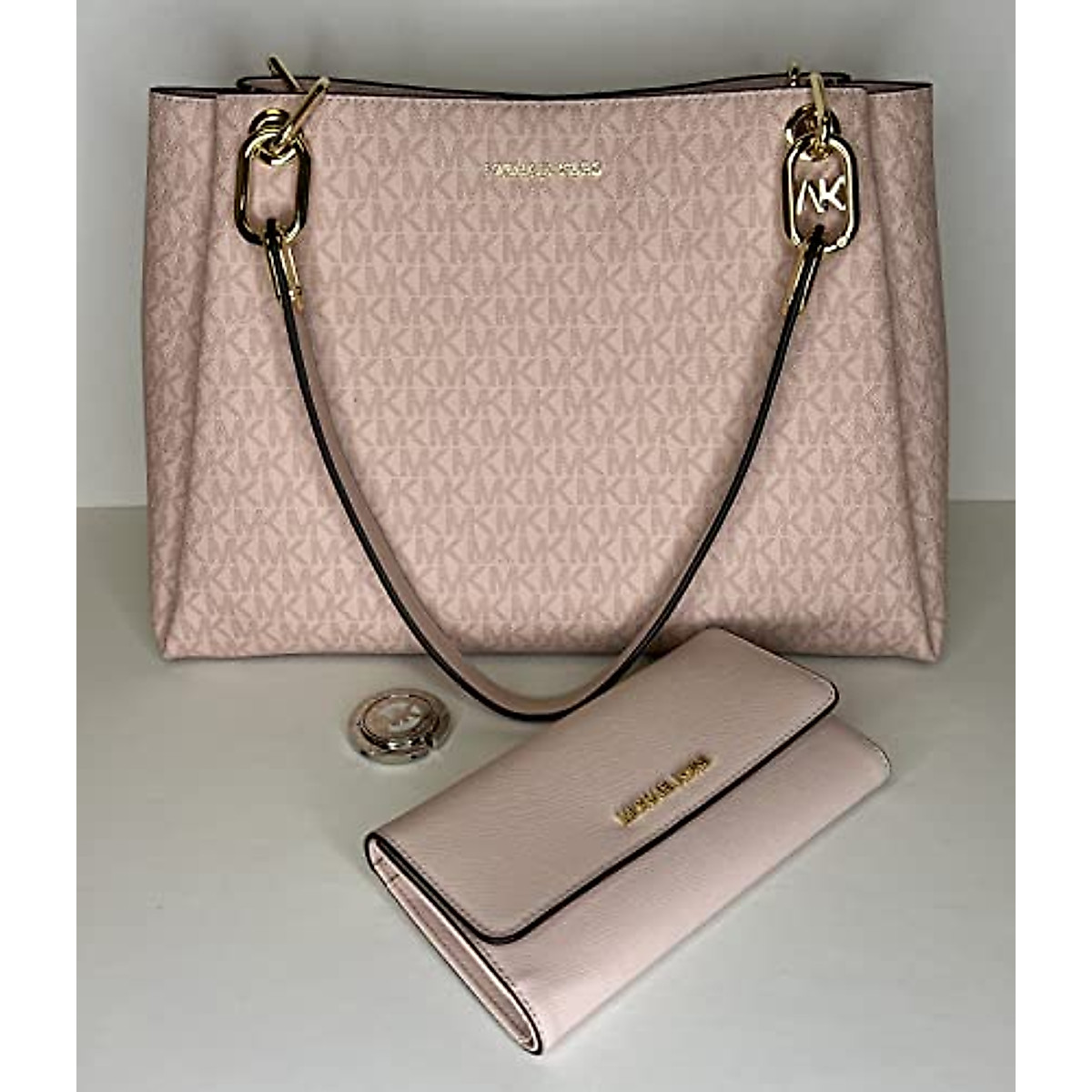 MICHAEL Michael Kors Trisha Large Triple Gusset Shoulder Tote bundled with Large Trifold Wallet and Michael Kors Purse Hook (Signature MK DK Powder Blush)