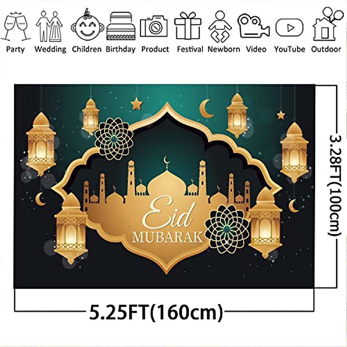 Eid Mubarak Banner Backdrop Decorations - Large Muslim Ramadan Mubarak Background Banner Photo Booth Backdrop Eid Mubarak Party Supplies