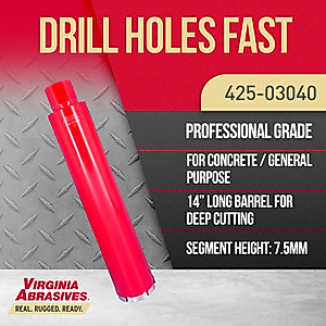 Virginia Abrasives 425-03040 - 1pc 3" x1 4" x 1-1/4"-7 Premium 4" Diamond Core Drill Bits for Wet Cutting & Hole Maximum Drilling Depth & Barrel Coring Reinforced Concrete,Hard Stone,Brick, & Masonry
