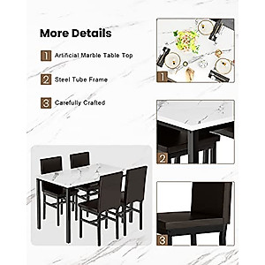 Recaceik Dining Table Set for 4, Kitchen Table and Chairs Set with Faux Marble Tabletop & 4 Leather Upholstered Chairs for Kitchen Dining Room, Compact Space, Dinette Set, White+Brown