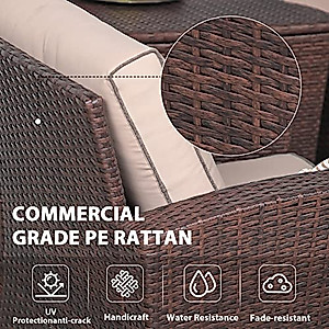 JOIVI PE Wicker Patio Furniture Set, 5 Piece Outdoor Sectional Conversation Sofa Set with Storage Box, Brown Rattan Loveseat Couch Sofa and Tempered Glass Table, Beige Cushions