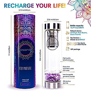 OSANA Crystal Water Bottle with 3 Changeable Healing Crystals – Amethyst, Rose Quartz, Green Fluorite – Loose Leaf Tea Bottle – Gem Elixir Infused Glass Water Bottle - 16.9 oz