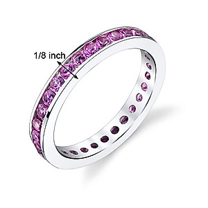 PEORA Created Pink Sapphire Eternity Ring Band for Women 925 Sterling Silver, 1.50 Carats total Round Shape, 3mm width, Size 8