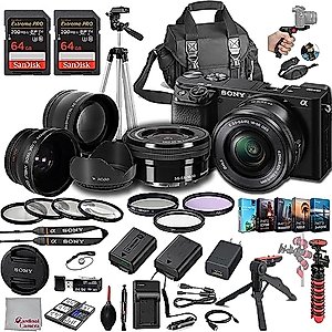 Sony a6100 Mirrorless Camera with 16-50mm Lens, 128GB Extreem Speed Memory,.43 Wide Angle & 2X Lenses, Case,Tripod, Filters, Hood, Grip,Spare Battery & Charger,Editing Software Kit -Deluxe Bundle
