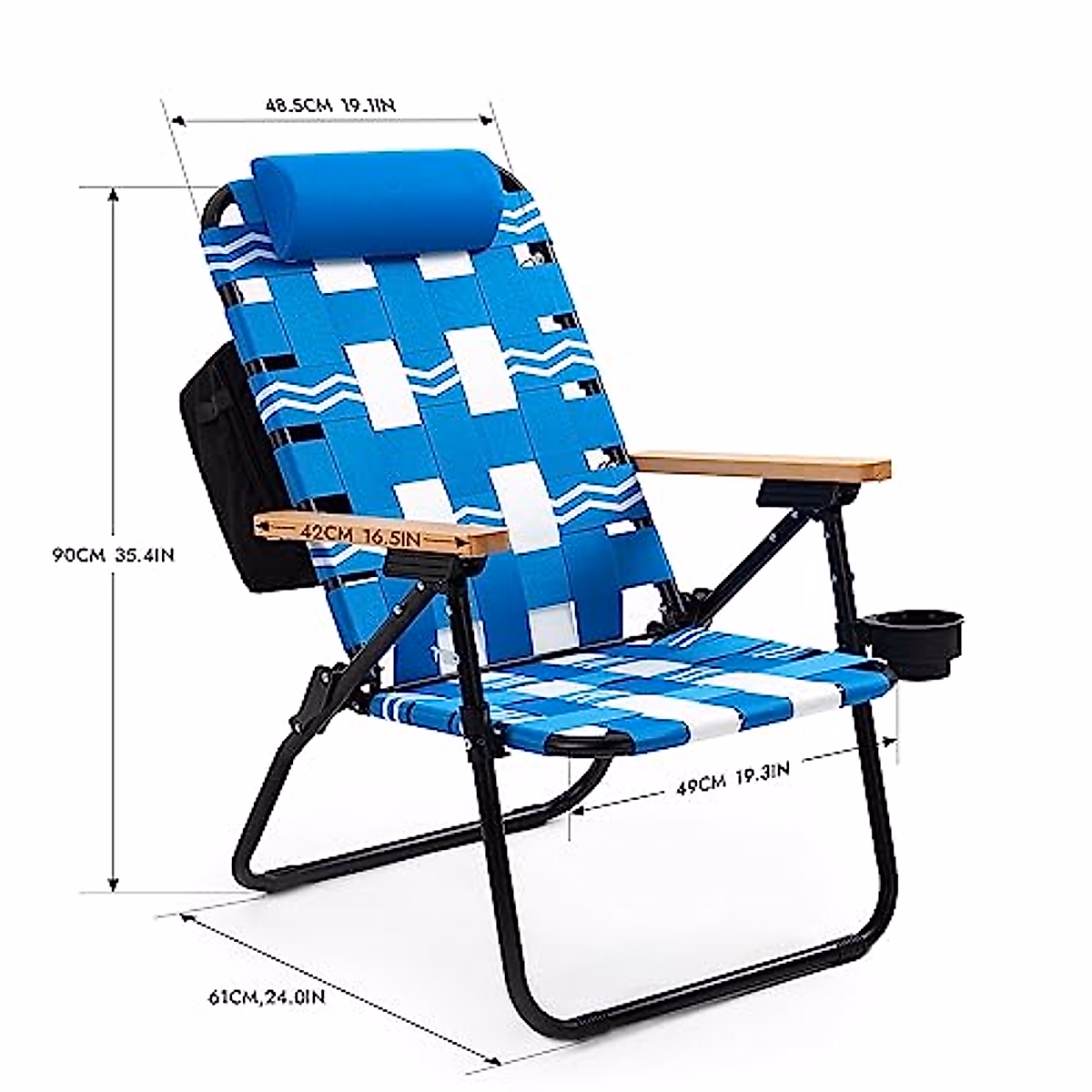 Dowinx Beach Chair with Cooler Bag, Folding Caming Chair with Backpack Straps, High Back 3 Position-Reclining Outdoor Chair Aluminum Frame(Blue)