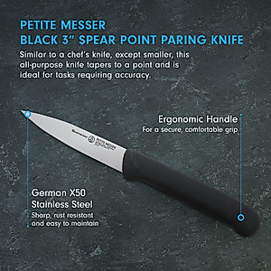Messermeister Petite Messer 3” Spear Point Parer with Matching Sheath, Black - German 1.4116 Stainless Steel & Ergonomic Handle - Lightweight, Rust Resistant & Easy to Maintain