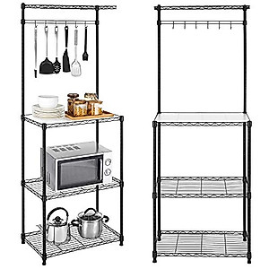 SONGMICS Kitchen Baker’s Rack, Adjustable Microwave Stand, Space-Saving Storage Rack with 4 Shelves 6 Hooks, for Pots, Pans, Spice Bottles, in the Kitchen, Apartment, Studio, Black ULGR040B01